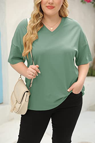 Fisoew Women's Plus Size V Neck T Shirts Summer Half Sleeve Oversized Tees Casual Loose Fit Tunic Tops Green
