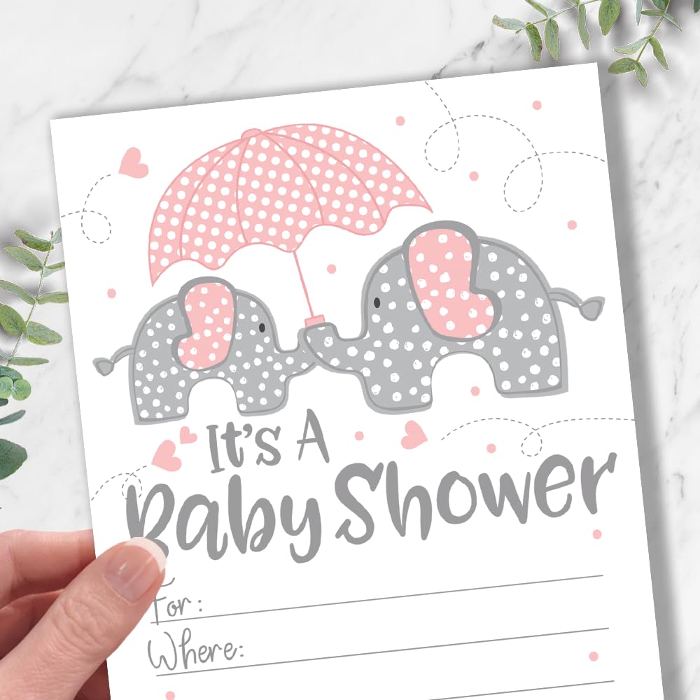 Pink Elephant Girl Baby Shower Invitations (20 Count) with Envelopes