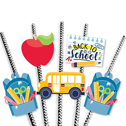 Big Dot of Happiness Back to School - Paper Straw Decor - First Day of School Classroom Striped Decorative Straws - Set of 24
