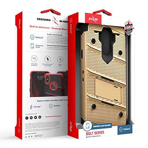 Zizo Bolt Series Compatible with LG Stylo 4 Case Military Grade Drop Tested with Tempered Glass Screen Protector, Holster, Kickstand Gold Black