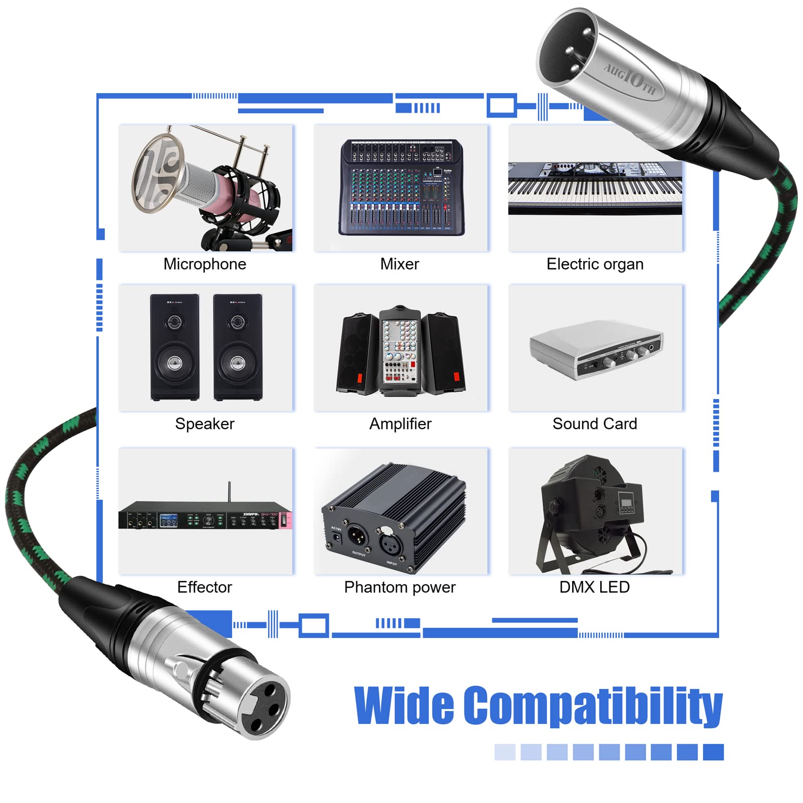 Augioth XLR to XLR Pro Mic Cable Male to Female XLR Cable 3-pin Green Balanced Shielded Microphone Cable for Amplifier Mixer,Speaker Systems,Recording Studio,15Ft
