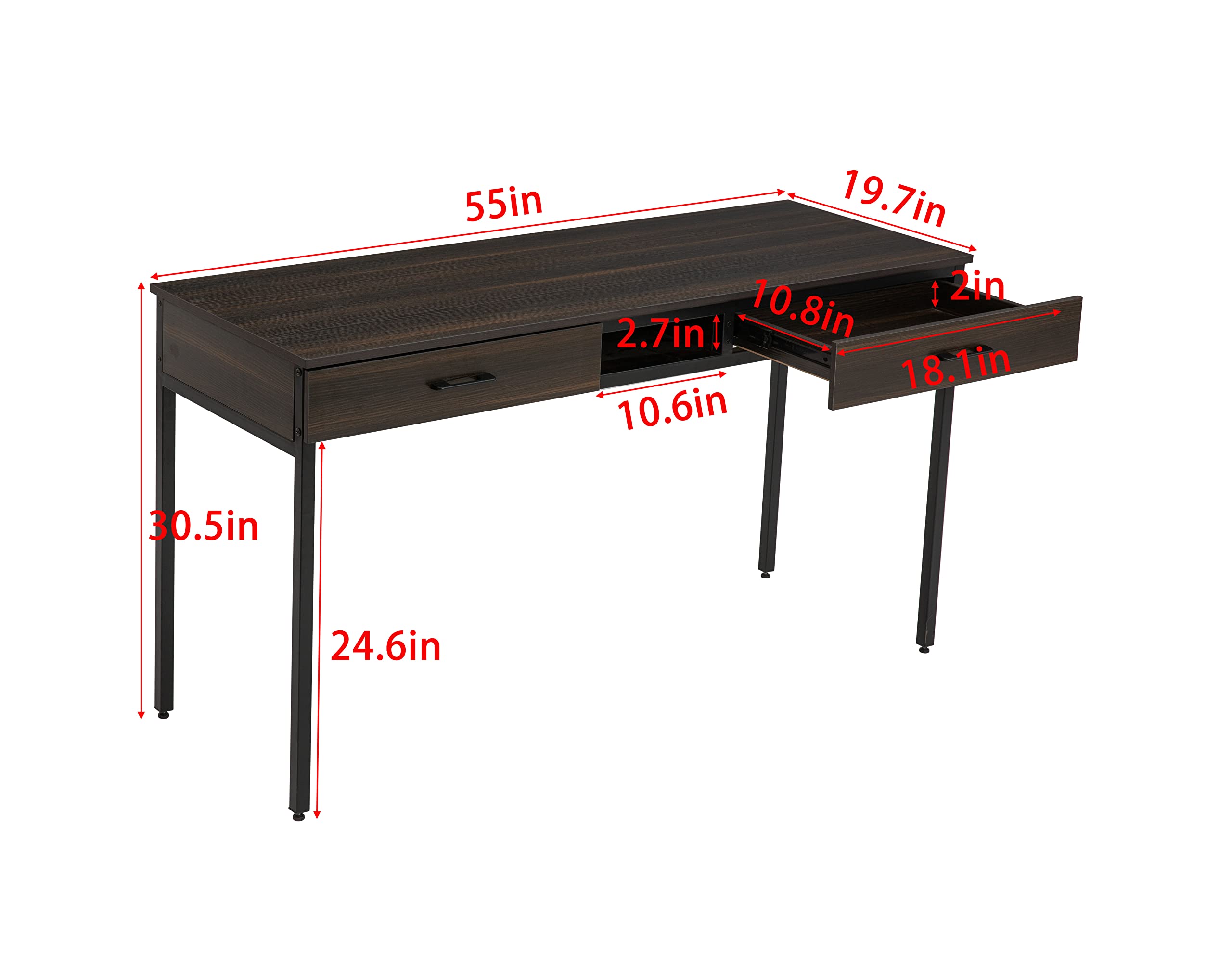 Aerkenga 55 inch Desk with Drawers Large Size Home Office Desk for Bedroom Office Use Desk with Storage Vanity Makeup Desk Drawer Desk Easy Install, Black