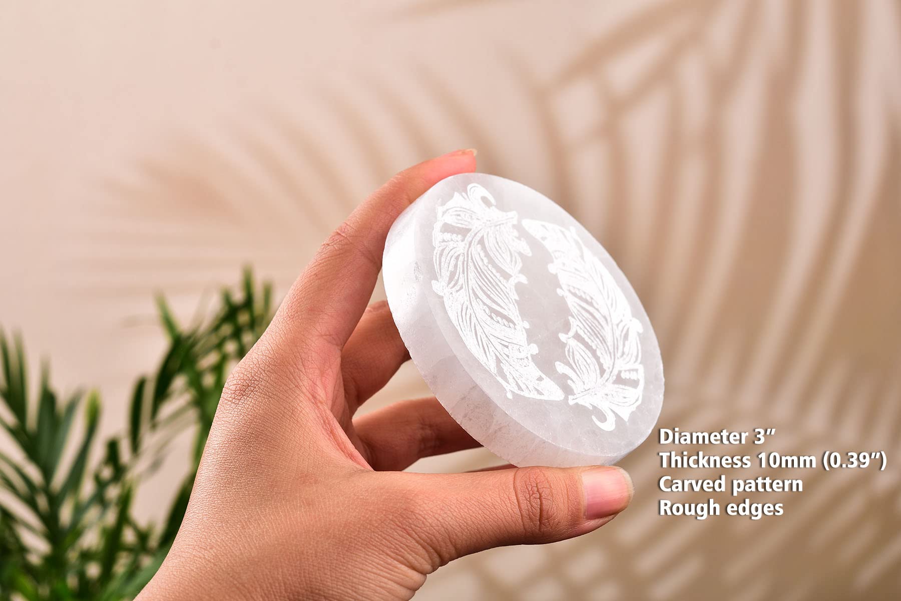 AMOYSTONE 3Pcs Round White Selenite Slice Charging Station Polished Flat Crystal Plate/Tray, Engraving Pattern