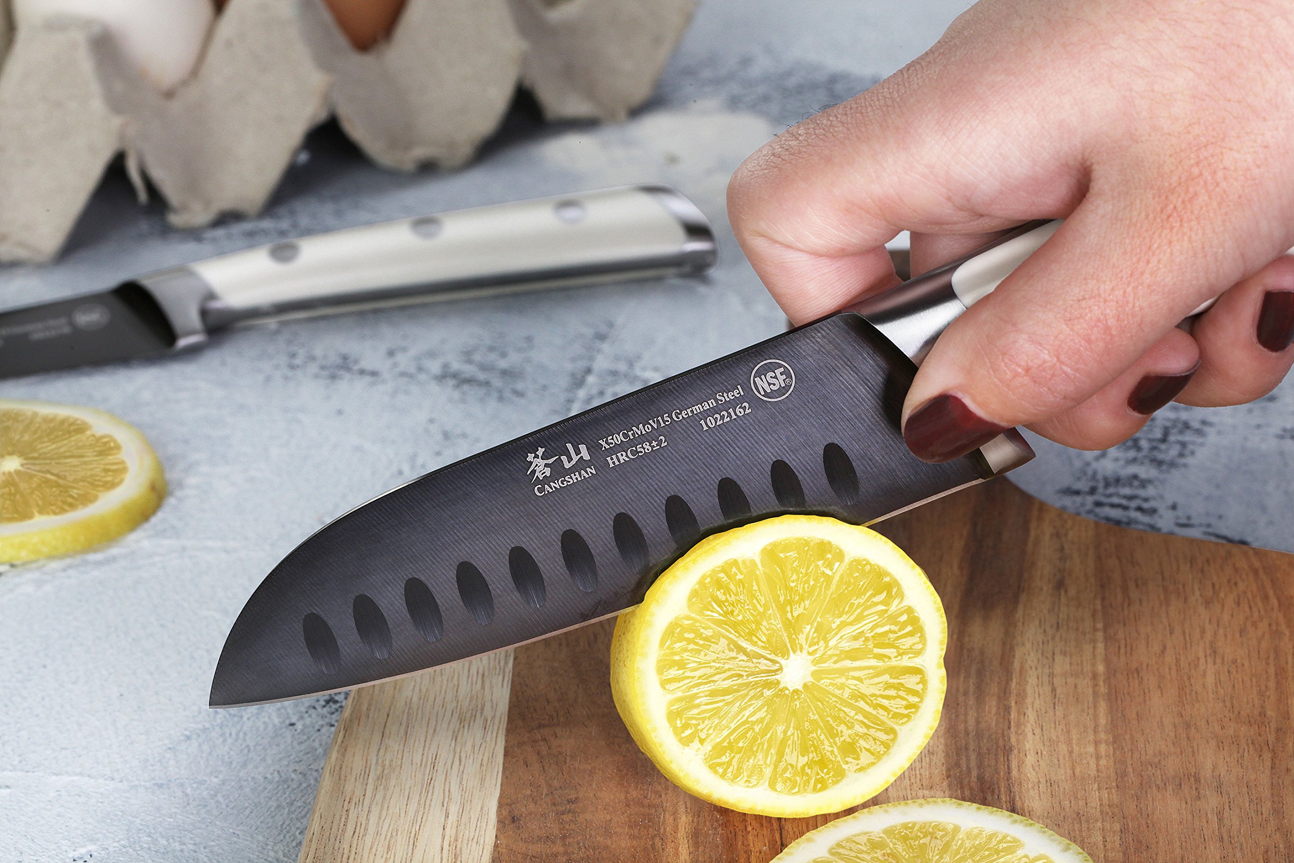 Cangshan S+ Series 1022100 German Steel Forged 2-Piece Titanium Coated Santoku Starter Knife Set with Sheaths, Vanilla White