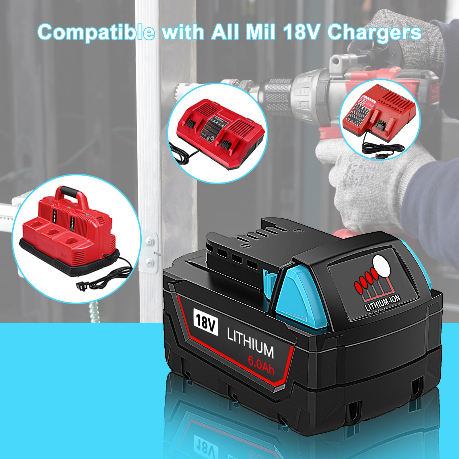 Amsbat 【Upgraded to 6000mAh 18V Battery Replacement for Milwaukee Compatible with Milwaukee Lithium Battery Compatible with Milwaukee 18V Batteries 48-11-1850 48-11-1862 48-11-1840(1 Pack)