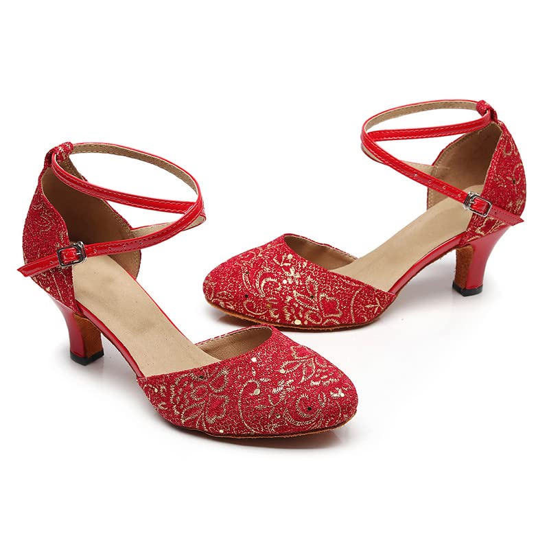 AOQUNFS Women Latin Dance Shoes Closed Toe Ballroom Salsa Tango Modern Practice Performance Party Dancing Shoes,QJW1017,Red-6,US 6.5
