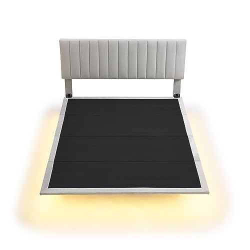 CITYLIGHT Upholstered Floating Bed Frame,Smart LED Bed Frame with Sensor Light and Headboard, Modern Velvet Floating Bed for Girls Boys Teens Adults, Grey