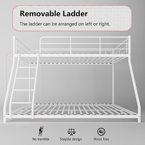 AnwickNomo Heavy Duty Steel Twin Over Full Bunk Bed, Bunk Beds for Kids Adults Teens Bunk Bed with Stairs & Flat Rungs, Metal Slat Support, No Box Spring Needed (White)