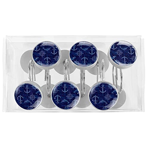 Anchor Pattern Shower Curtain Decorative Hooks Rings, Crystal GlassStainless Steel Round Shower Curtain Rings and Hooks for Bathroom Shower Rods Curtains 12 pcs