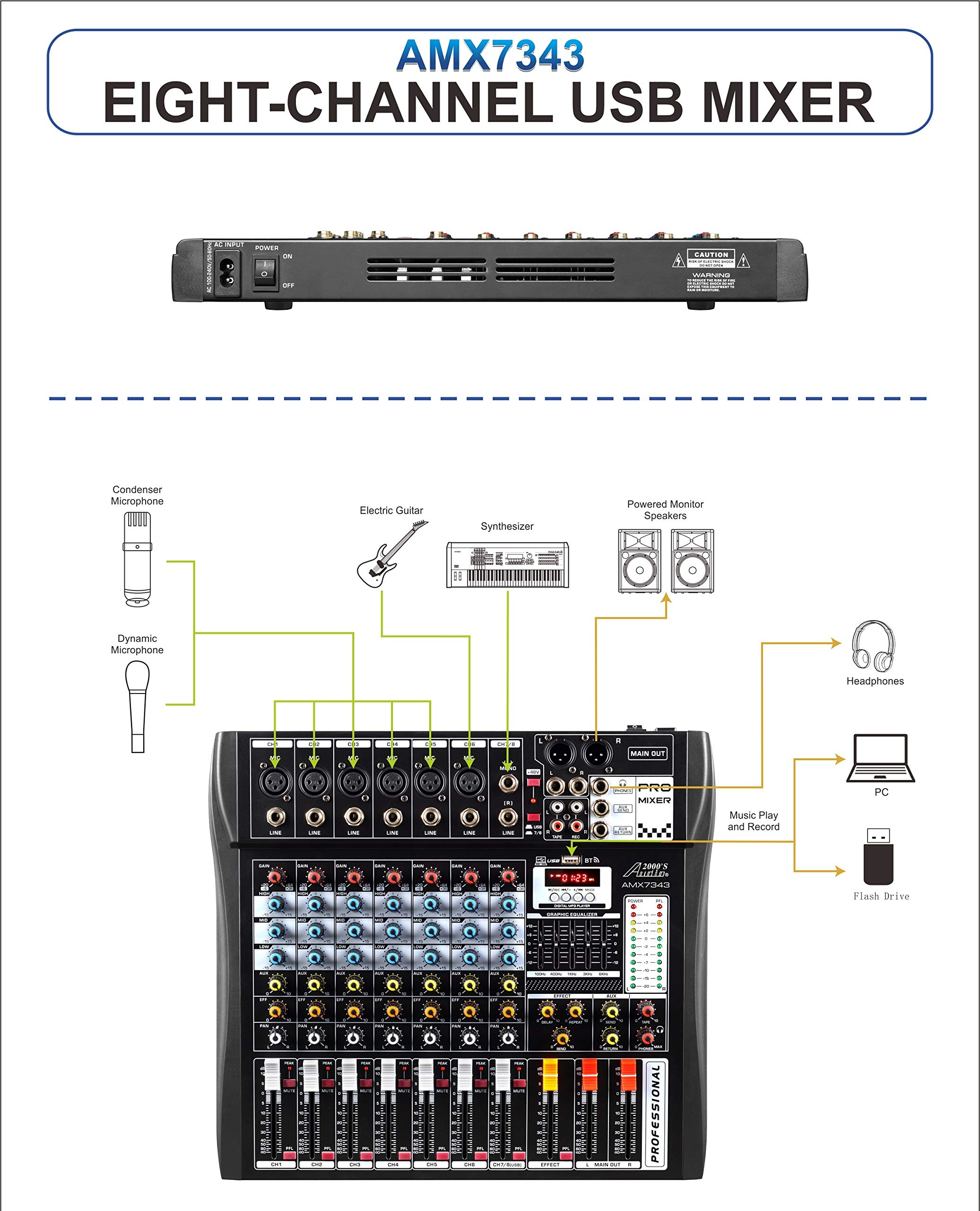 Audio2000'S AMX7343 Eight-Channel Audio Mixer with USB Interface and Sound Effect