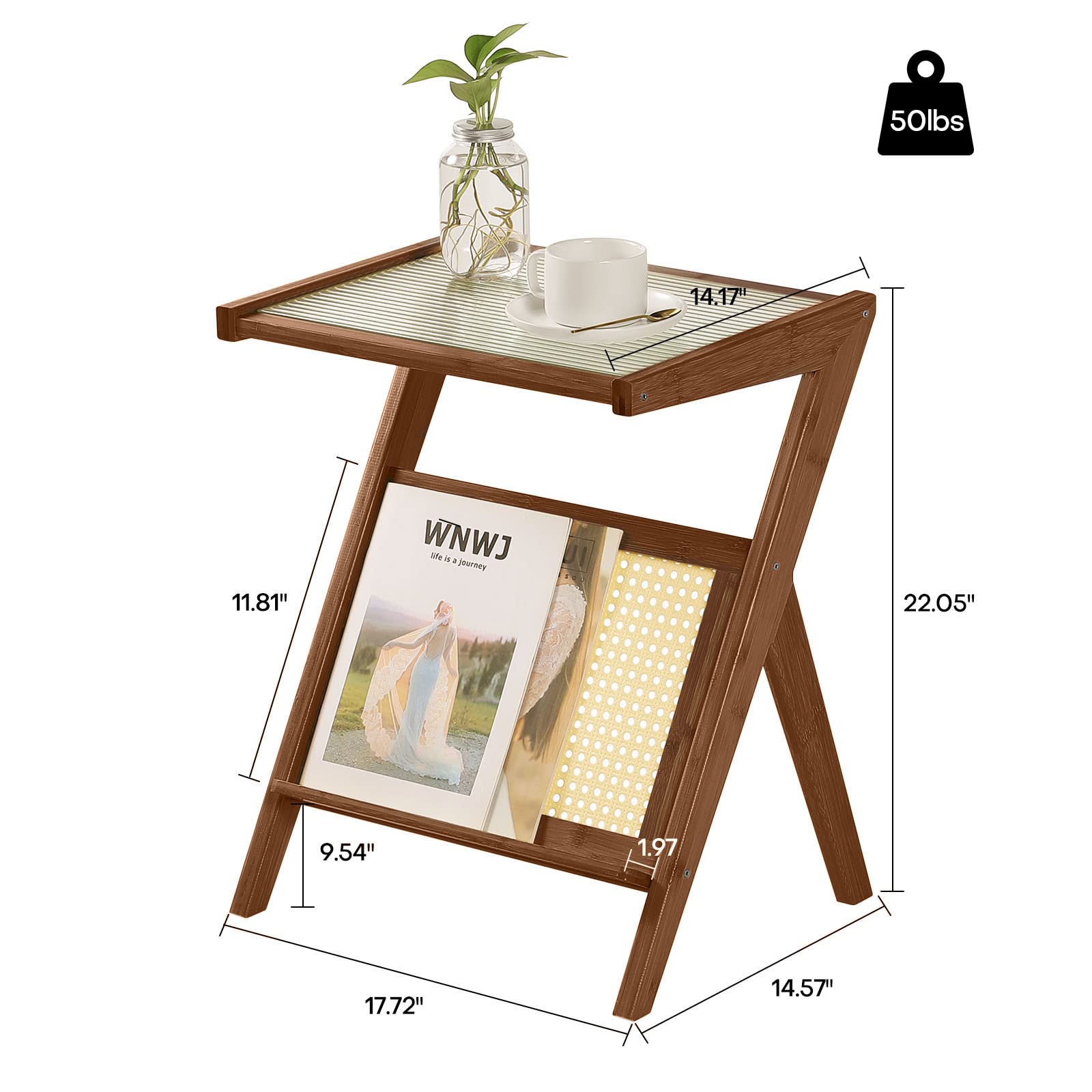 RêveLife Rattan End Table with Magazine Rack Glass-top Bamboo Sofa Side Table Accent Bedside Nightstand Boho Z Shaped Coffee Table for Bedroom Living Room Small Space, Walnut