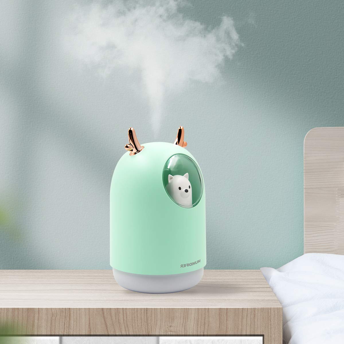 AmuseNd Portable USB Cool Mist Humidifier, 300ML Mini Atomization Humidifier with 7 Kinds of LED Light Conversion, Desktop Ultrasonic Air Humidifier Suitable for Kids, Baby, Offices, Bedrooms,Dorm