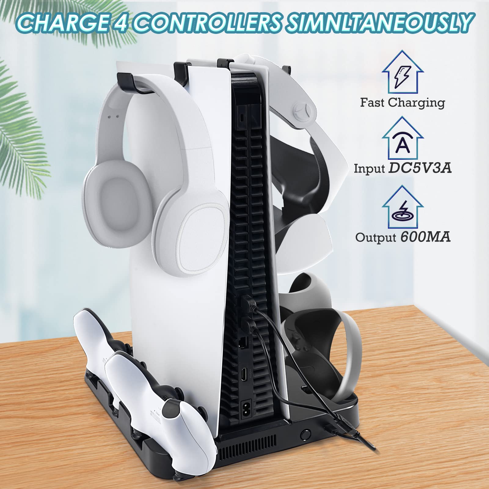 Augot Latest Charging Stand for PS5 and PSVR2 Multi-Functional Vertical Stand with Cooling Fan and Dual Controller Charging Station, Charge, Cool, Showcase and Display Your PS5 PSVR2, Born for Games