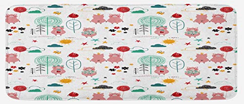 Ambesonne Cartoon Kitchen Mat, Childish Theme Pink Pigs Stars Clouds Flowers Birds and Sun in Style, Plush Decorative Kitchen Mat with Non Slip Backing, 47" X 19", Multicolor