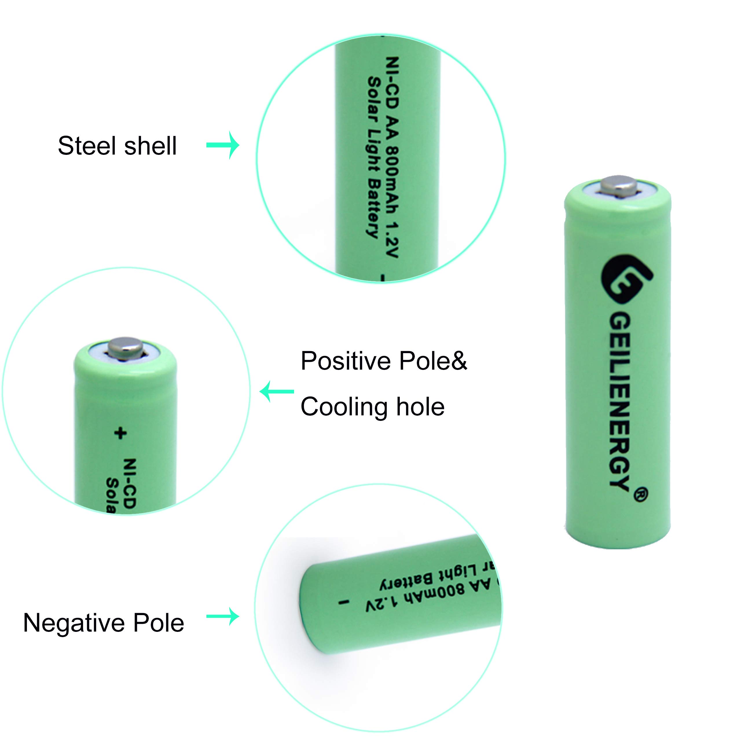 GEILIENERGY Solar Light AA Ni-CD 800mAh Rechargeable Batteries,AA Rechargeable Batteries for Solar Lights Solar Lamp(Pack of 12)