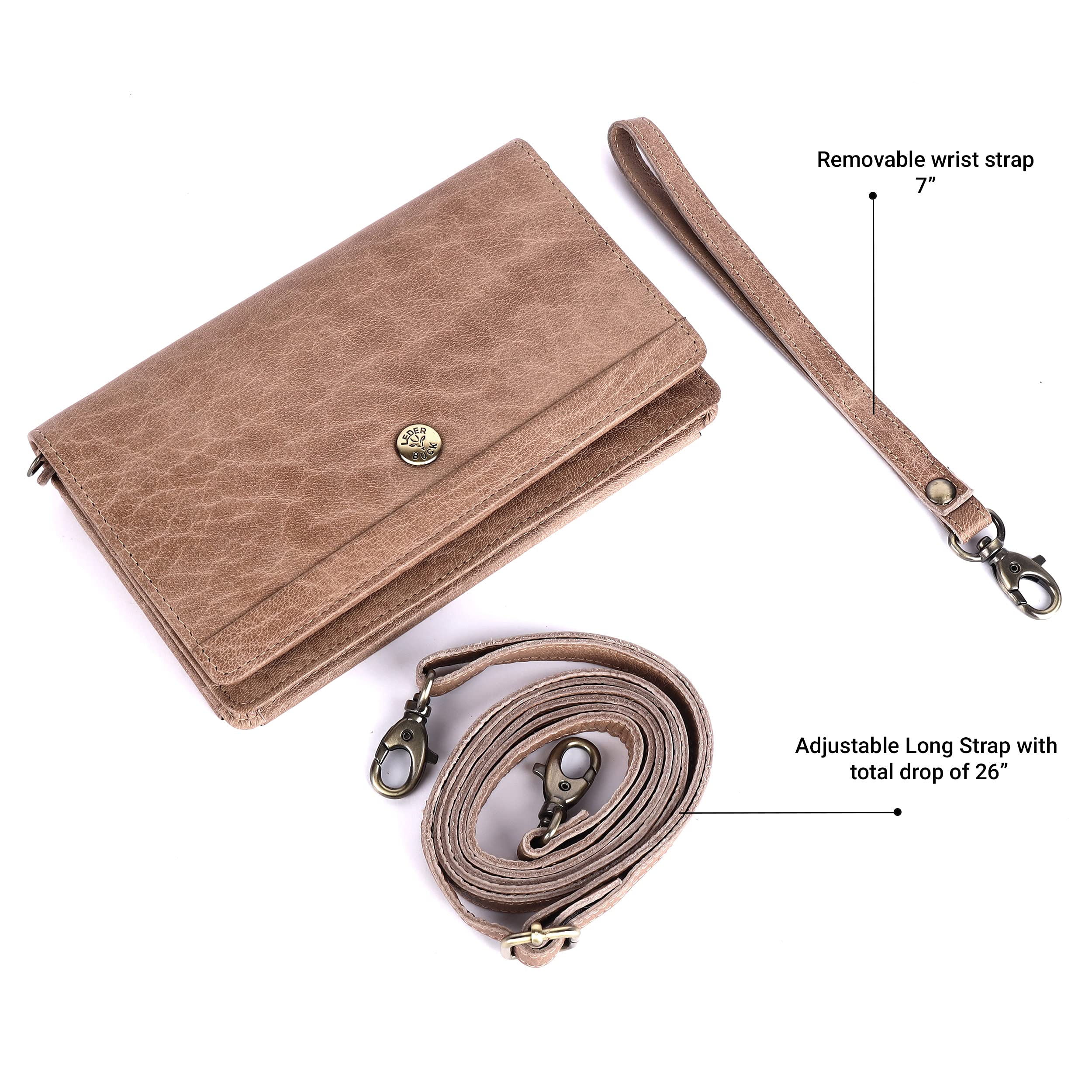 LEDERBUCK Real Leather Smartphone Crossbody Handbag Wristlet Purse Clutch for Women (Nougat)