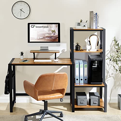 GreenForest Computer Desk 59 inch with Storage Printer Shelf Reversible Home Office Desk with Movable Monitor Stand and 2 Headphone Hooks for Study Writing PC Gaming Working, Walnut