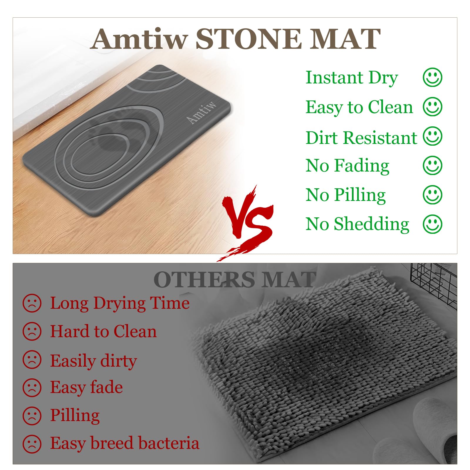 Amtiw Stone Bath Mat, Diatomaceous Earth Shower Mat, Non-Slip Super Absorbent Quick Drying Bathroom Mats, Suitable for Bathroom, Kitchen, Counter Bath Mat, Easy to Clean (23.6" X 15.4")