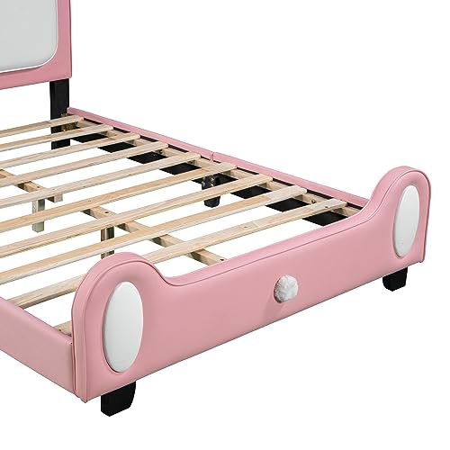 CJLMN Upholstered Rabbit Shaped Princess Bed Pink Platform Bed, Full Size Wood Bed Frame with Bunny Ears Headboard and Bunny Tail Footboard, Kids Bedroom Furniture Fun Cute Rabbit Bed