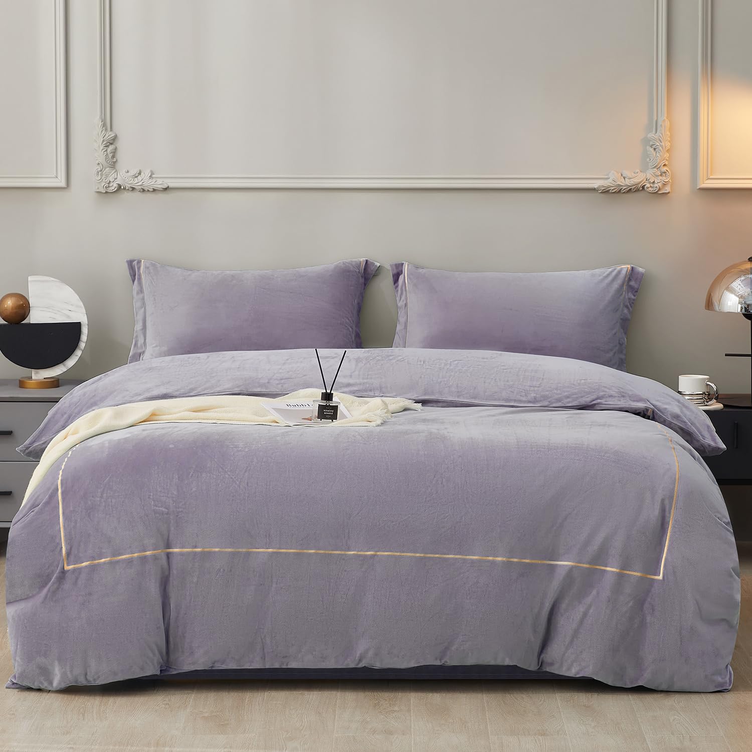SAPHREAS Twin Size Warm Flannel Duvet Cover Set 3cps Winter Microfiber Grayish Lavender Fluffy Bedding Comforter Cover 68"x90" 1 Quilt Cover 2 Pillow Shams