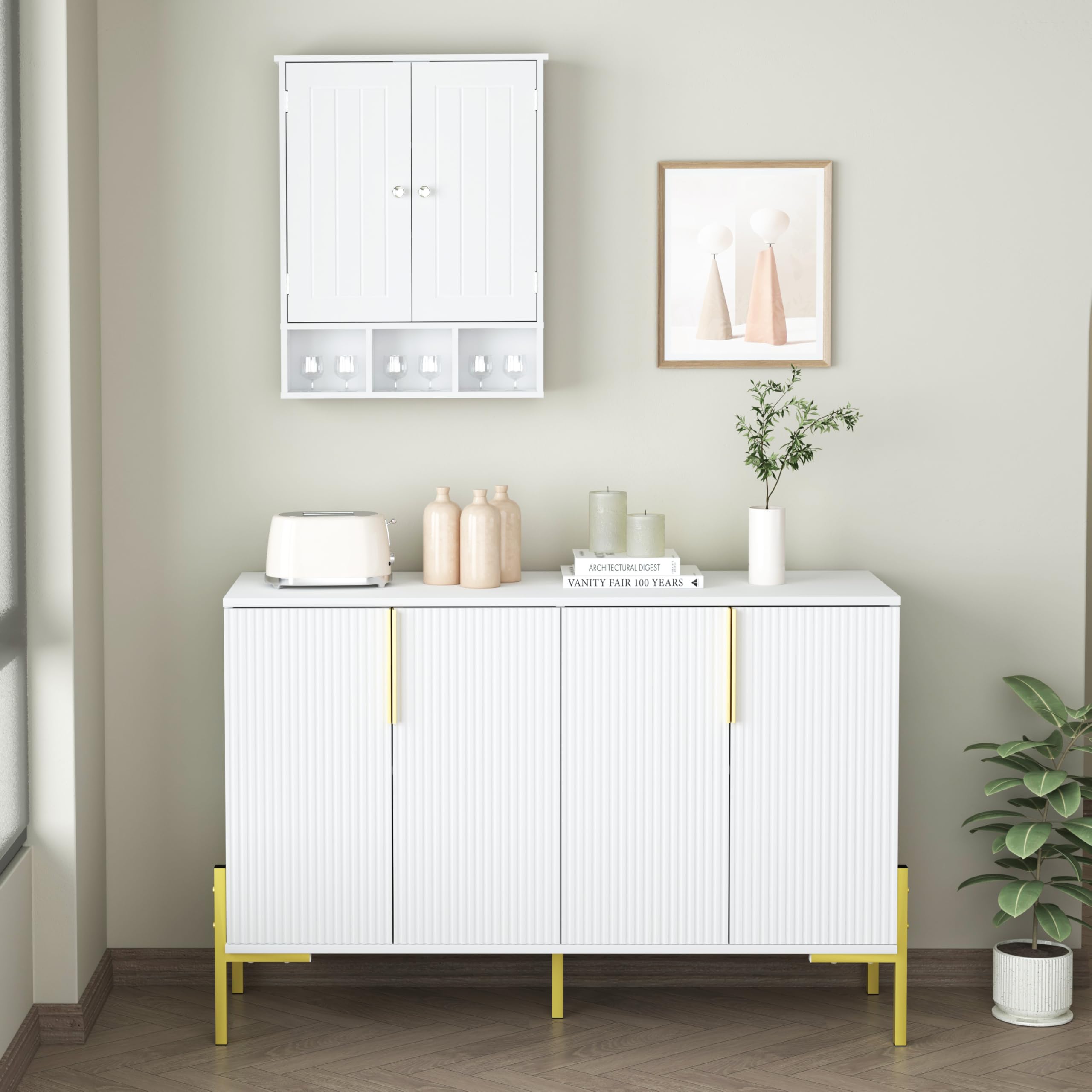 Bathroom Medicine Cabinet 2 Doors with 3 Open Shelves, Over The Toilet Storage Wall Mounted Medicine Cabinet with Adjustable Partitions,Home Bathroom Cabinet for Bathroom,Living Room,Kitchen,White