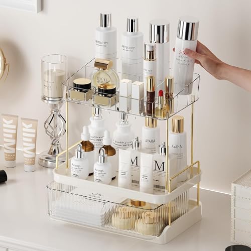 STORICANS 2-Tier 1-Drawer Bathroom Counter Organizer, Multi-Purpose Makeup Organizer Countertop, Large Skincare Organizers, Exquisite Vanity Organizer |12.5 Inch Clear