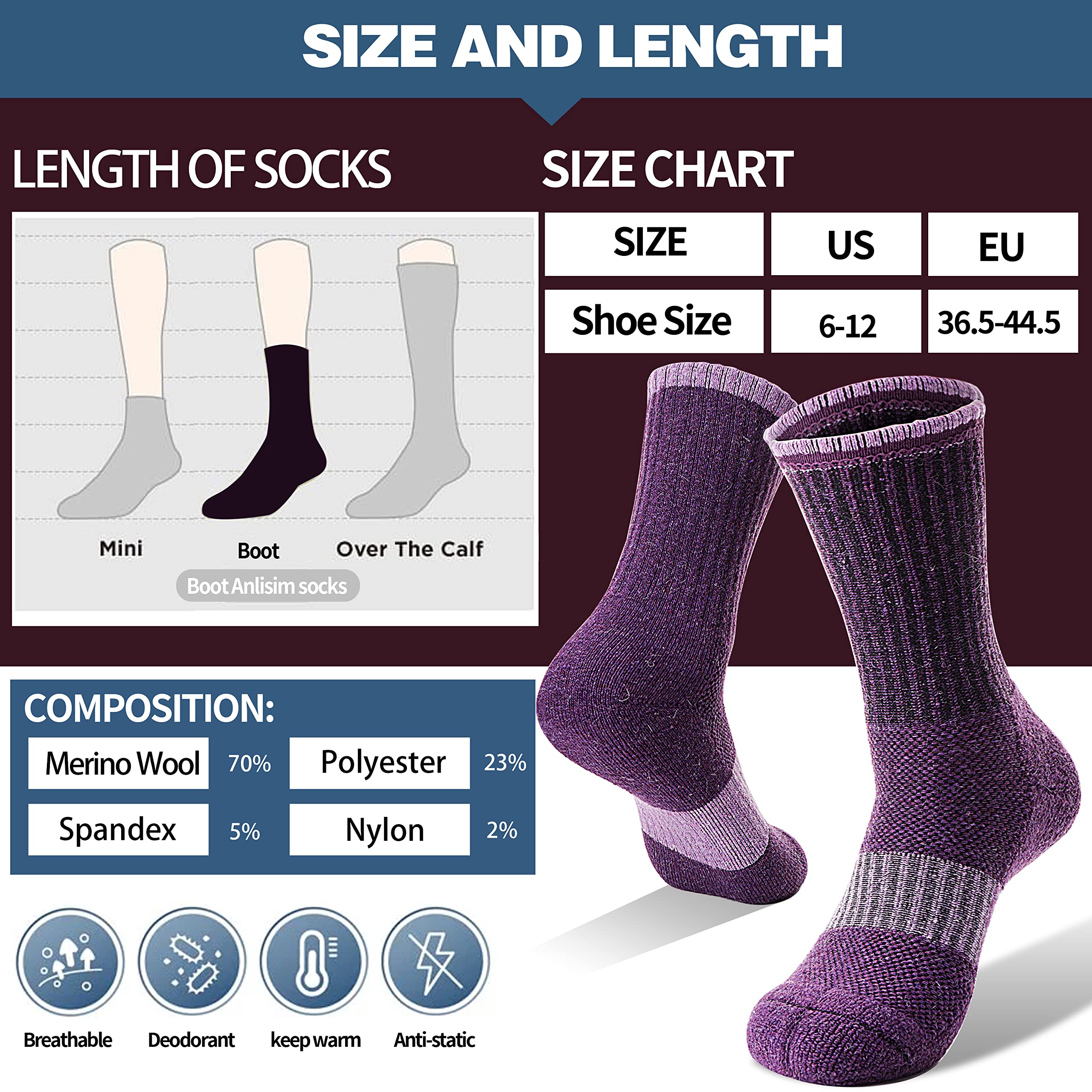 Anlisim Merino Wool Socks for Women Hiking Thermal Warm Winter Boot Work Crew Cushion Ladies Socks 5 Pairs Gift(Black Stripe,(5 Pairs),M)