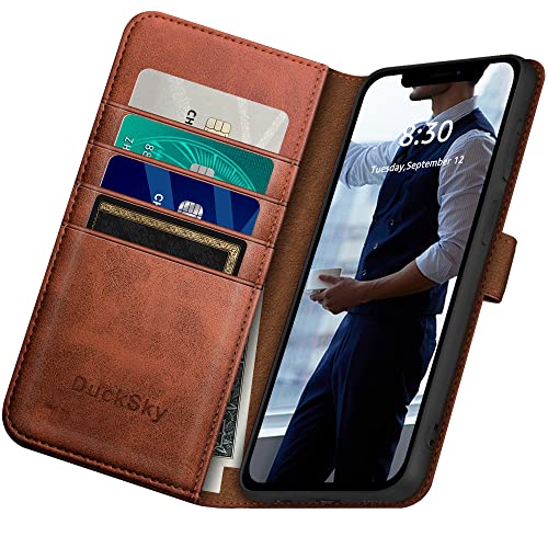 DuckSky for iPhone 13 6.1" Genuine Leather Wallet case 【RFID Blocking】【4 Credit Card Holder】【Real Leather】 Flip Folio Book Phone case Protective Cover Women Men for Apple 13 case Light Brown