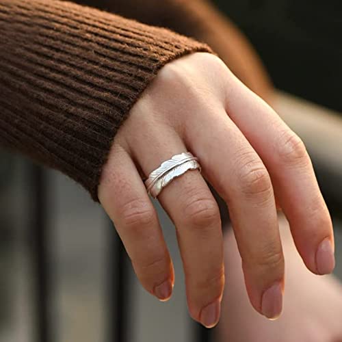 Assote To My Husband In Heaven Personalized Feather Ring, Adjustable Embrace Angel Feather Wing Ring, The Day I Lost You Memorial Plume Ring, Vintage Statement Leaf Cast Memorial Gift (Silver)