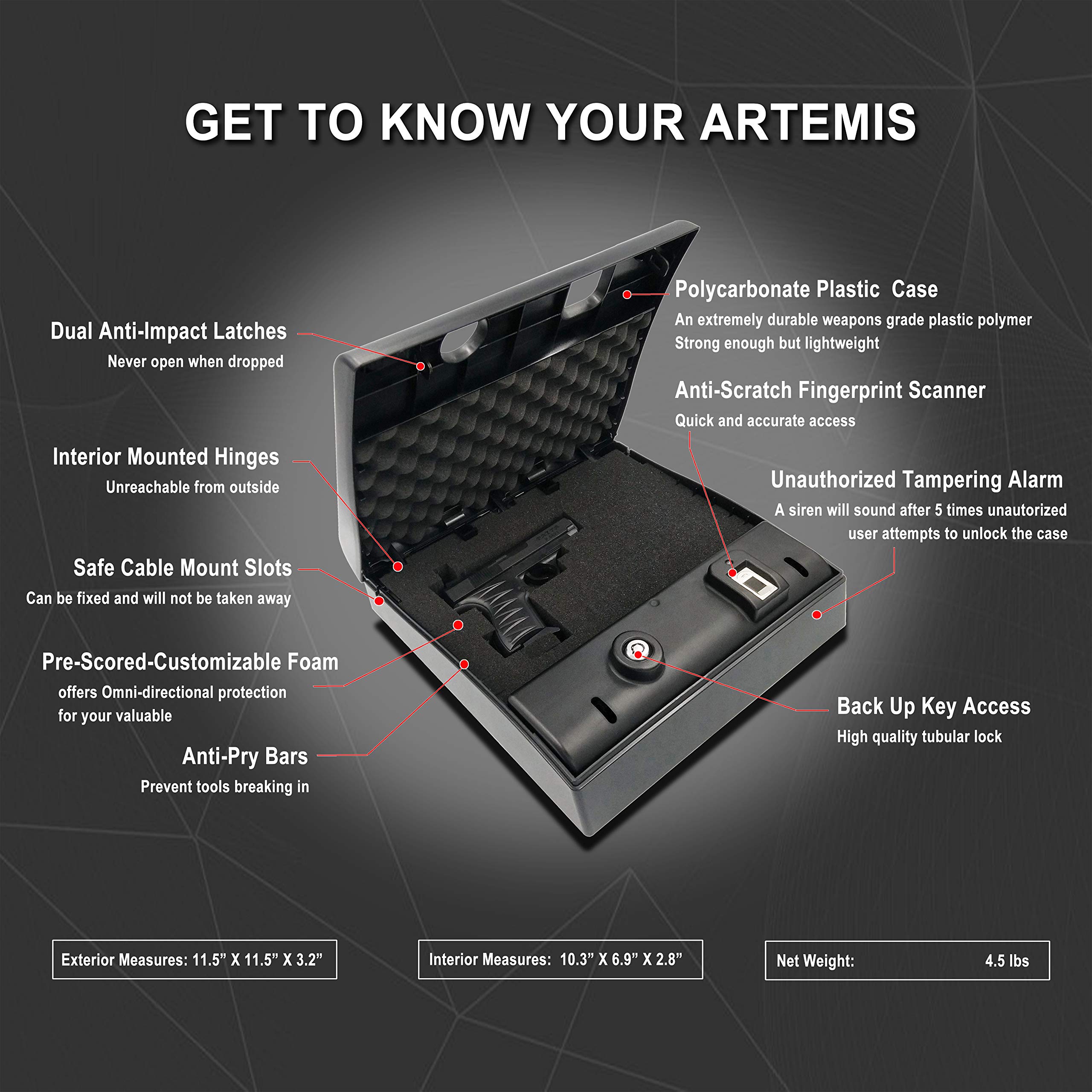 Artemis Biometric Handgun Safe, Pistol Safe with Pops-Open Lid, Fast Finger Print Access Child Resistant Case