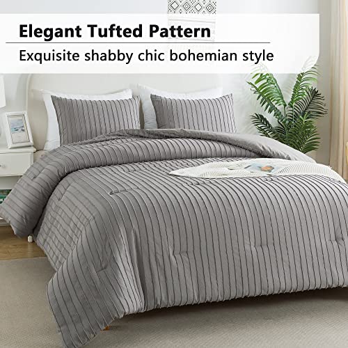 Andency Grey Comforter Set King Size, 3 Pieces Boho Tufted Bed Comforter Set, Soft Lightweight Microfiber Bedding Set for All Seasons