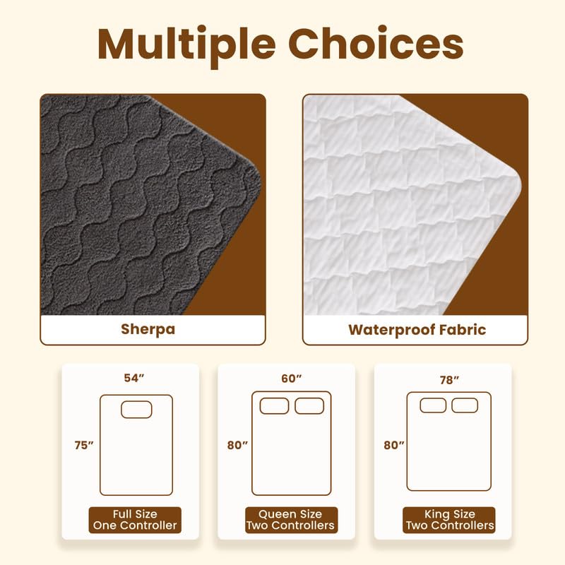 Bearhug Electric Heated Mattress Pads Full Size 54βΓ75β Sherpa Bed Warmer with 21β Deep Pocket ETL Certified Machine Washable 5 Years Warranty Gray