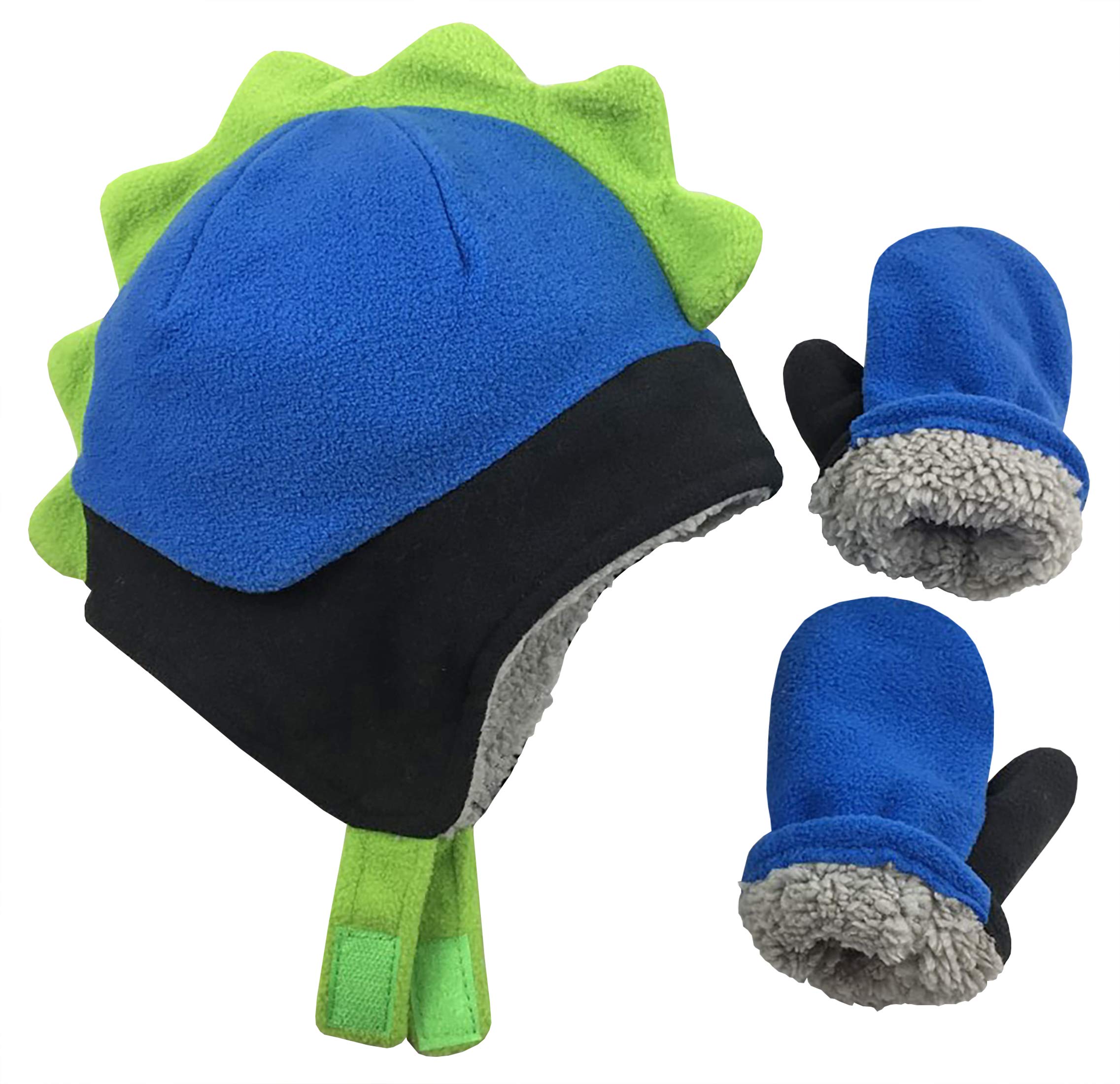 N'Ice Caps Toddler Baby Hat Mitten Set Boys Dino Fleece Gloves Warm Sherpa Lined (4-7 Years, Black/Royal/Neon Green Dino)