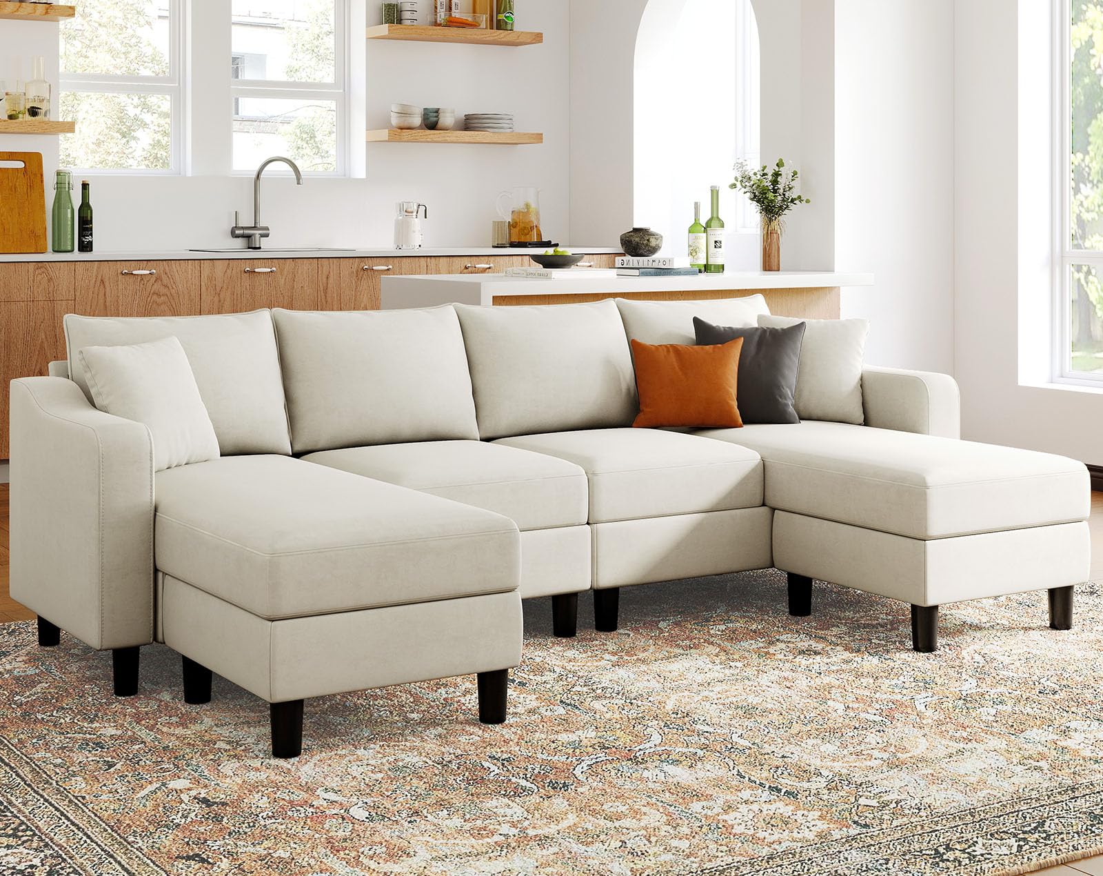Belffin U Shaped Sectional Sofa Velvet Convertible Sofa with Reversible Chaises Sectional Couches with Ottomans for Living Room (Beige)…