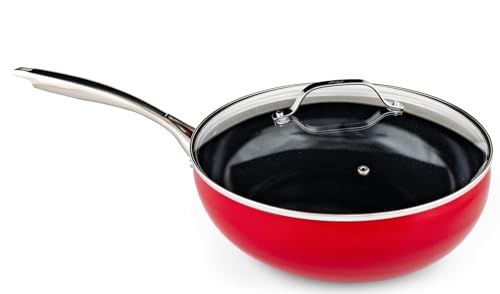 DiamoTech Diamond Ceramic Coated Nonstick Wok, Healthy Cooking, Utensil Safe, 100% PTFE/PFOA/PFOS Free, Ultra-Durable Coating, Ergonomic Handle (Red, 12" Wok)