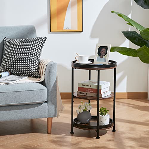Dulcii Industrial Round End Table, 3 Tiers Round Side Table with Sturdy Metal Frame, Metal Round Sofa Table, Vintage Nightstand for Living Room Bedroom, Easy Assembly (Rustic Brown)