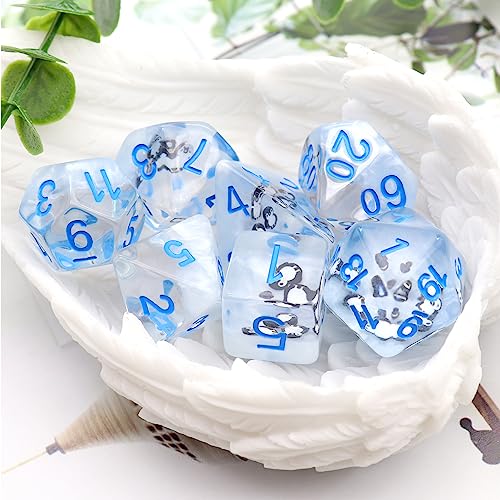 Haxtec Penguin DND Dice Set 7PCS Filled Resin Blue and White Polyhedral D&D Dice with Animal Inclusions Role Playing Dice Dungeons and Dragons Gift