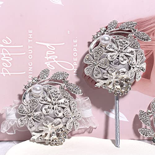 WANLIAN Wrist Corsage with Peal and Rhinestone Corsage and Boutonniere Set for Wedding,Prom,Party (Silver Gray,2 Pieces)