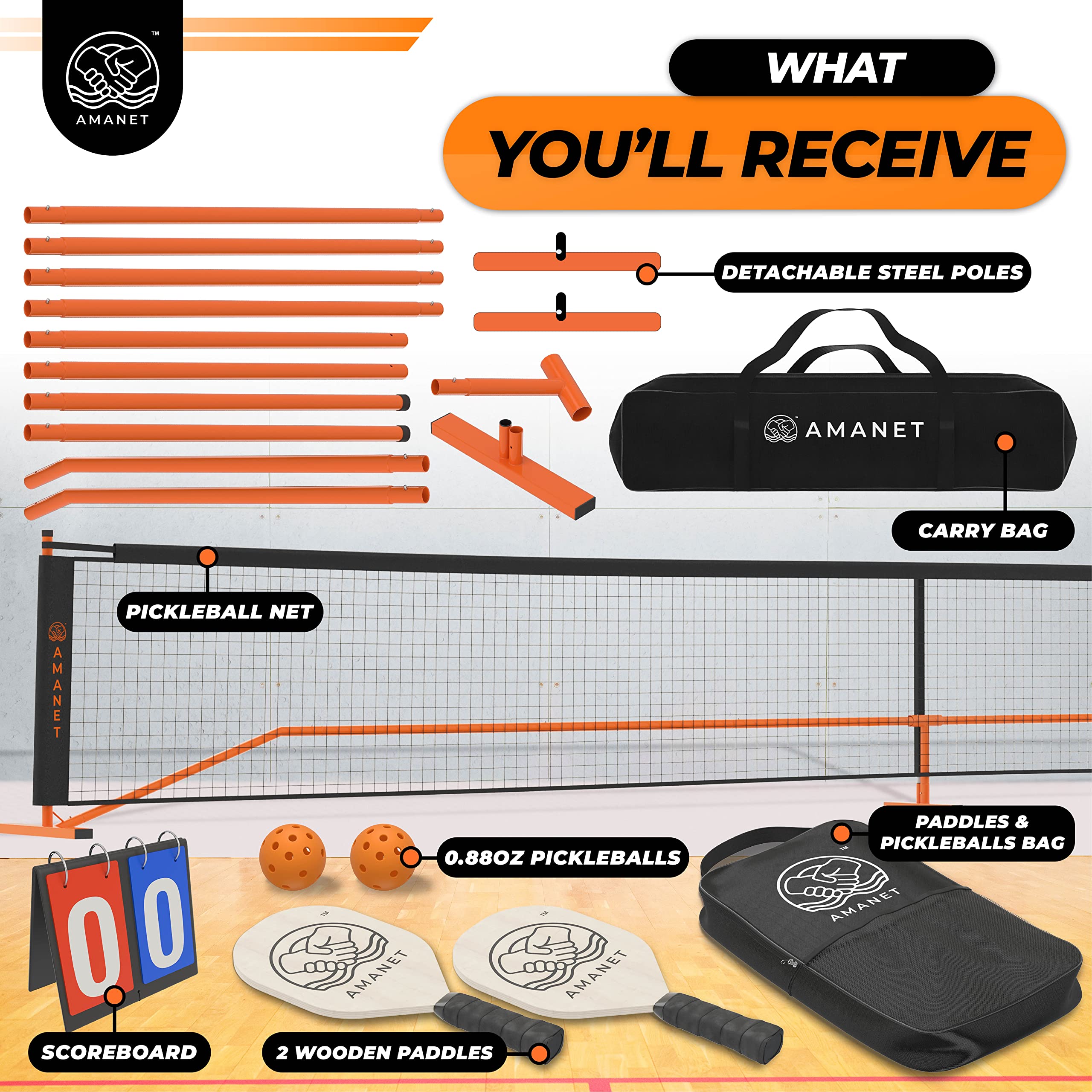 AMANET Portable Pickleball Set with Net System, Official Regulation Size - Includes Net, Detachable Steel Poles, 2 Wooden Paddles, 2 Pickleballs, Paddle Bag, Carry and Storage Bag with Handles