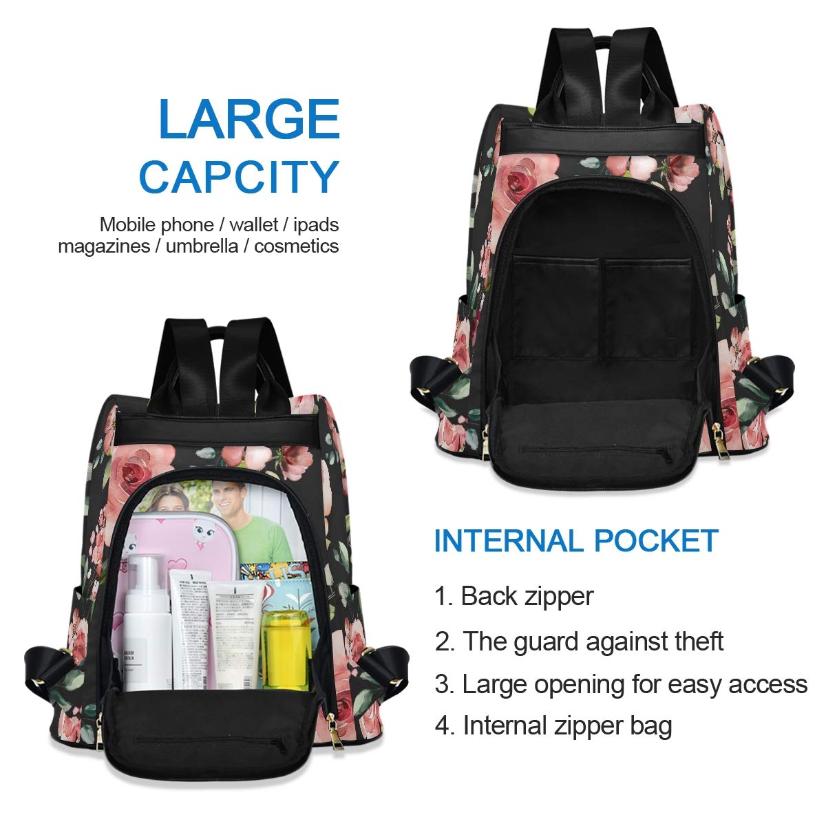 ALAZA Rose Flowers Floral Black Backpack Purse with Adjustable Straps