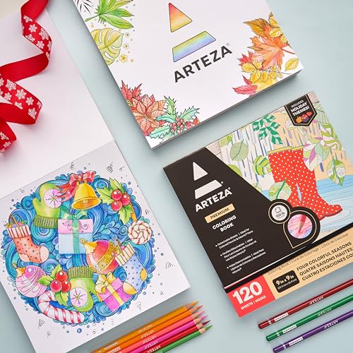 ARTEZA Adult Coloring Book, 4 Seasons Theme, 120 Sheets, 9x9 Inches Coloring Pages, 100 lb Paper