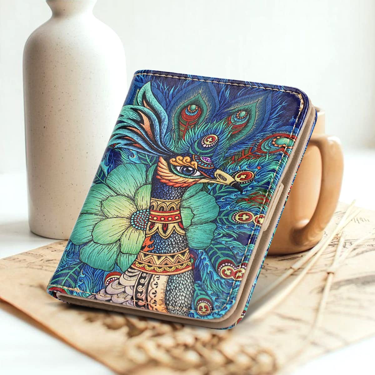 APHISON Womens Wallet, Slim Small Wallet for Women RFID Wallet Women Cartoon Microfiber Leather with ID Credit Card Holder Zipper Coin Pocket Bifold Compact Wallet Peacock