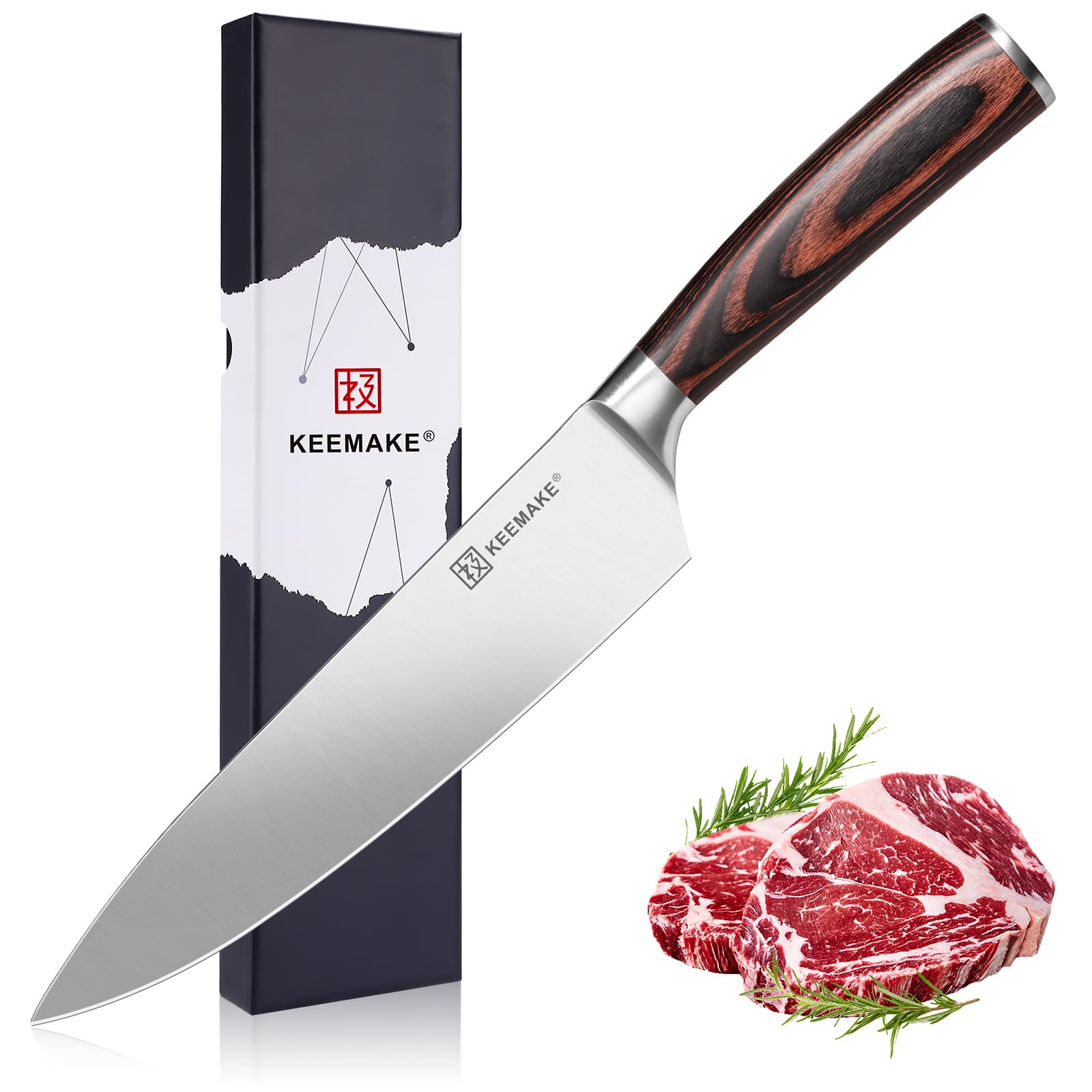 KEEMAKE Chef Knife 8 inch - Sharp Kitchen Knife High Carbon Stainless Steel Blade, Gyuto Knife Ergonomic Wood Handle, Professional Chefâs Knife for Home Kitchen and restaurant