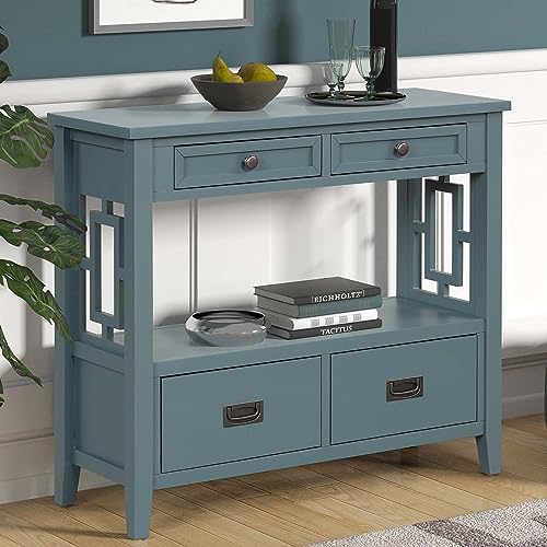 DUNTRKDU Console Table, Vintage Sofa Tables for Entryway, Narrow Tables with Open Storage Shelves & 4 Storage Drawers, 36” Console Tables for Living Room Hallway Sofa Couch Hallway Bar Kitchen (Blue)