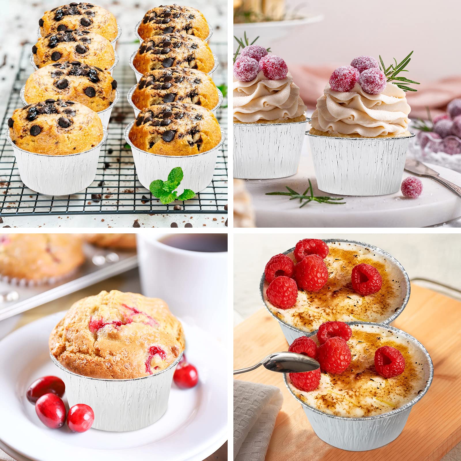 Aluminum Foil Baking Cups, Disposable Ramekin 4 Oz Aluminum Cupcake liners, 150 Pcs Silver Foil Baking Cups Muffin Liners for Baking, Cupcake, Pudding, Egg Tart, Creme Brulee