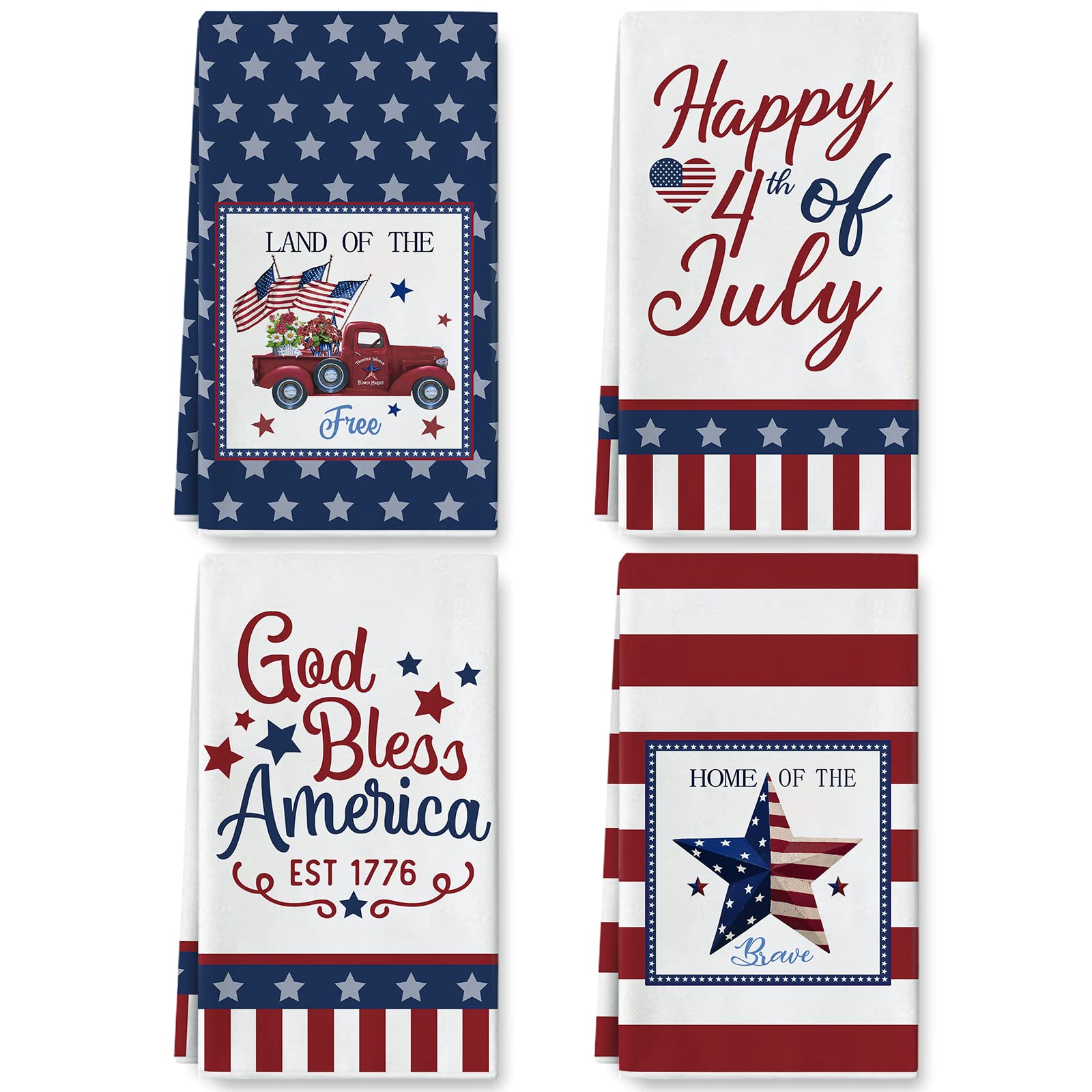 AnyDesign Patriotic Kitchen Dish Towel 18 x 28 4th of July Stars Stripes Dishcloth American Flag Decorative Hand Drying Tea Towel for Independence Day Memorial Day Cooking Baking, 4Pcs