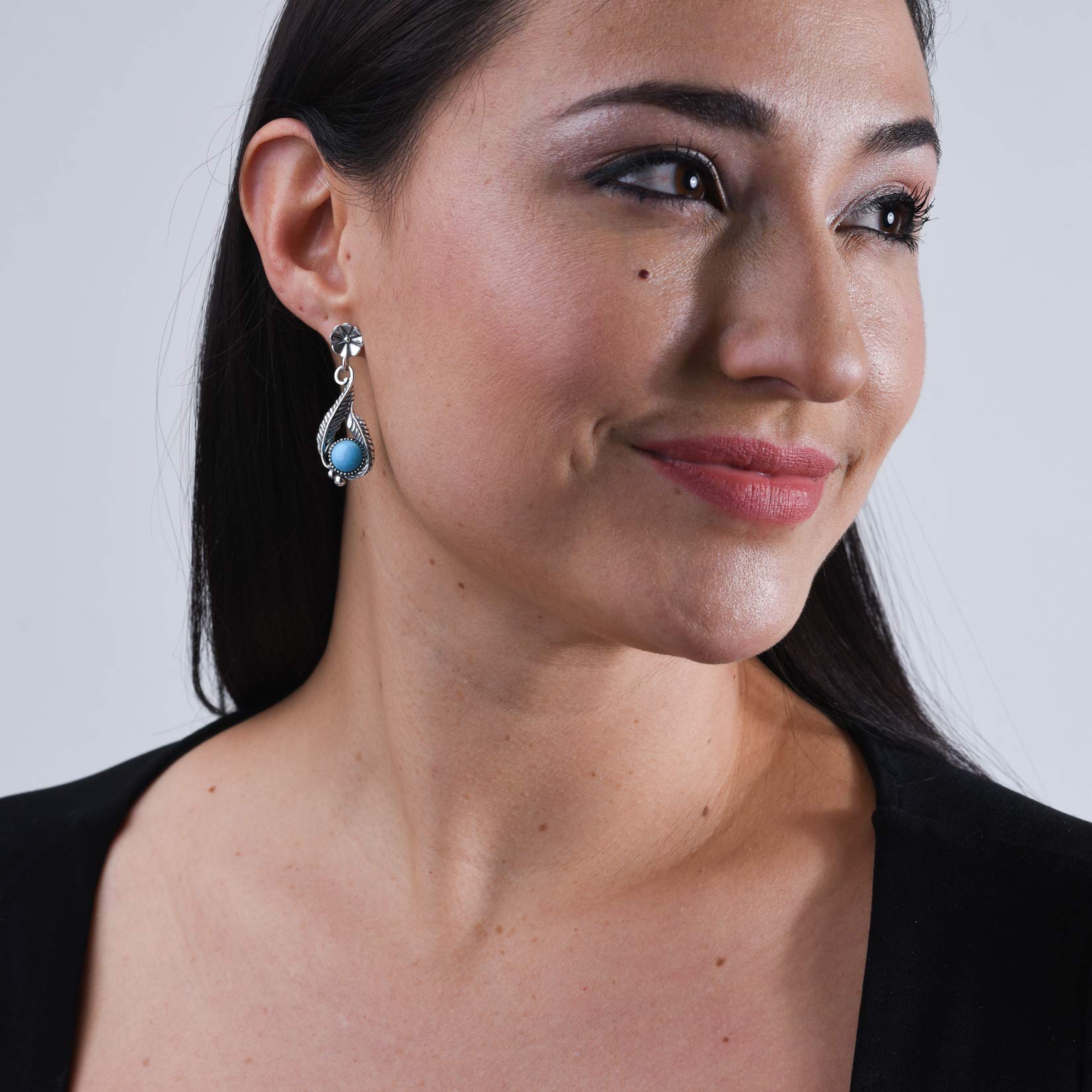 American West Sterling Silver Women's Drop & Dangle Earrings Blue Turquoise Gemstone Flower Leaf Design