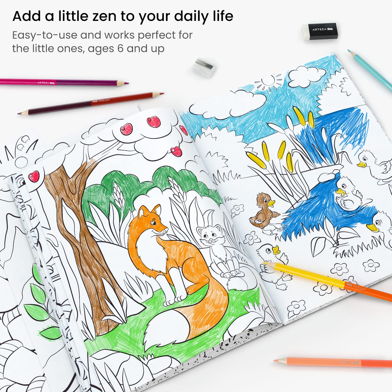 ARTEZA Kids Coloring Book and Colored Pencils Kit, Animal Kingdom Illustrations, 50 Double-Sided Sheets, 100lb Paper