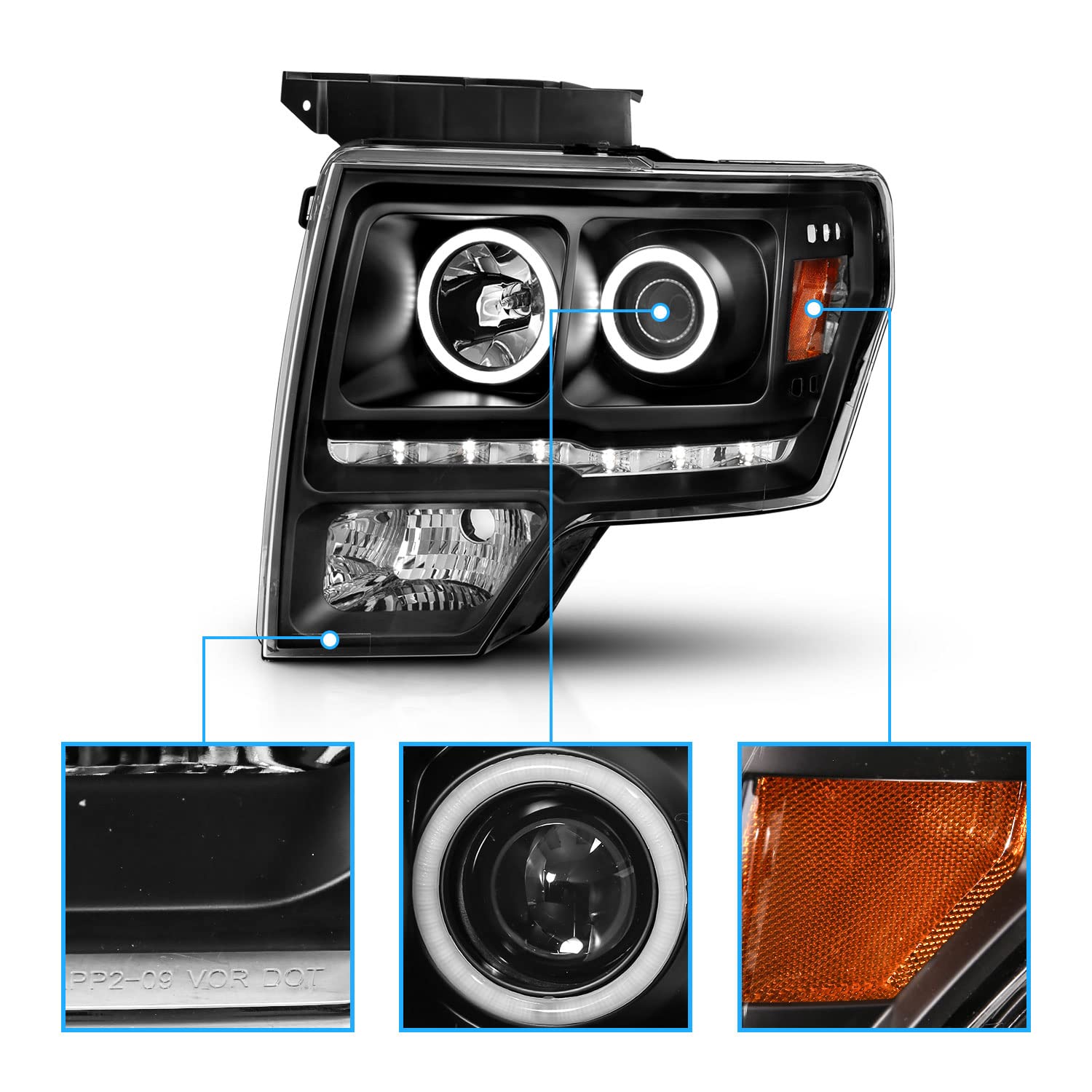 AmeriLite for 2009-2014 Ford F150 Pickup Xtreme LED Halos Black Projector Replacement Headlights Set - Passenger and Driver Side