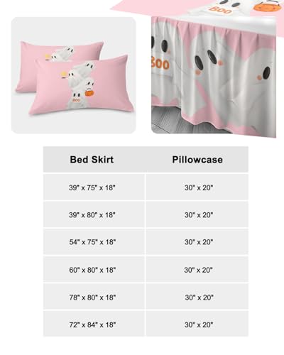 AMZRicher Halloween Wrap Around Pleated Bed Skirts for Queen Bed 60x80, Decorative Dust Ruffle Bed Sheet & Bedskirt 18'' Drop Bedspread with Pillow Case 20x30 White Ghost Pumpkin Blush Pink